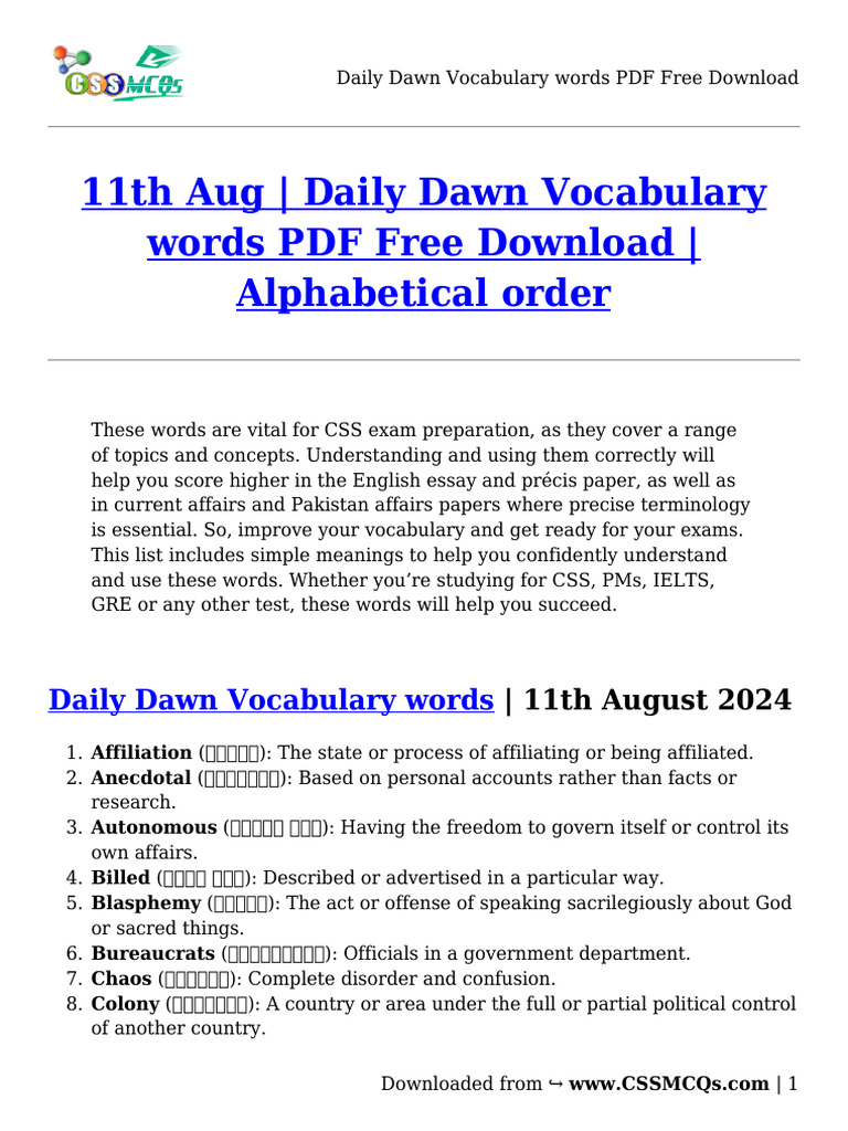 11 Aug - Daily Dawn Vocabulary Words PDF | PDF