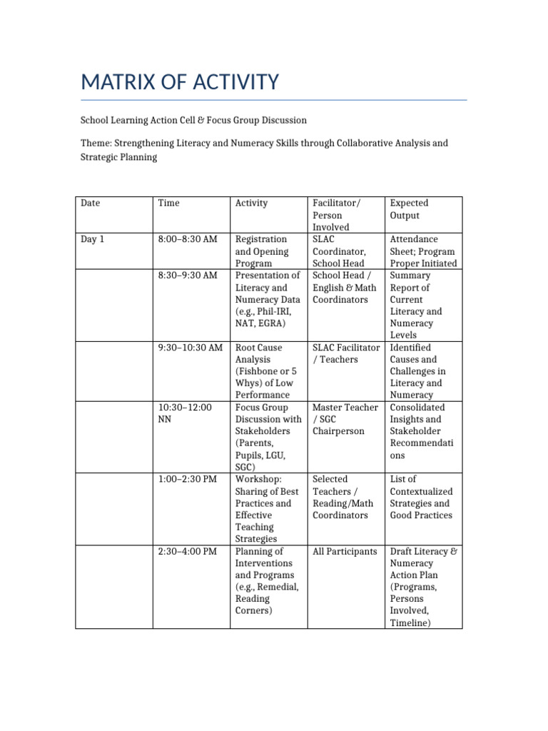 Literacy Numeracy Strategic Planning Matrix | PDF | Literacy | Reading (Process)