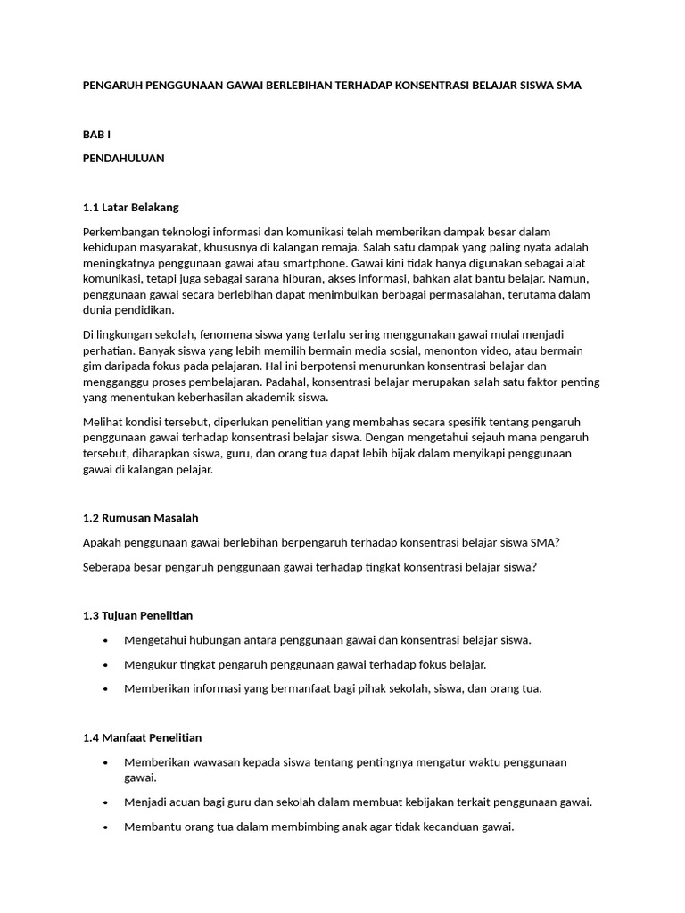 Rancangan Karya Ilmiah Pengaruh Penggunaan Gawai Berlebihan Terhadap Konsentrasi Belajar Siswa ...