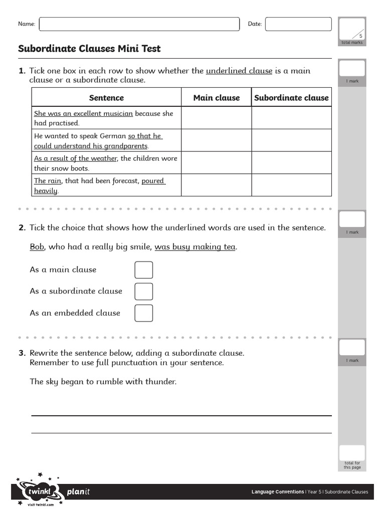 Mini Test Subordinate Clauses | PDF | Clause | Sentence (Linguistics)