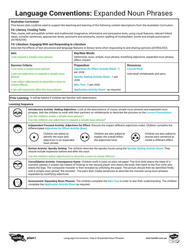 Year 4 Expanded Noun Phrases Lesson | PDF | Adjective | Noun