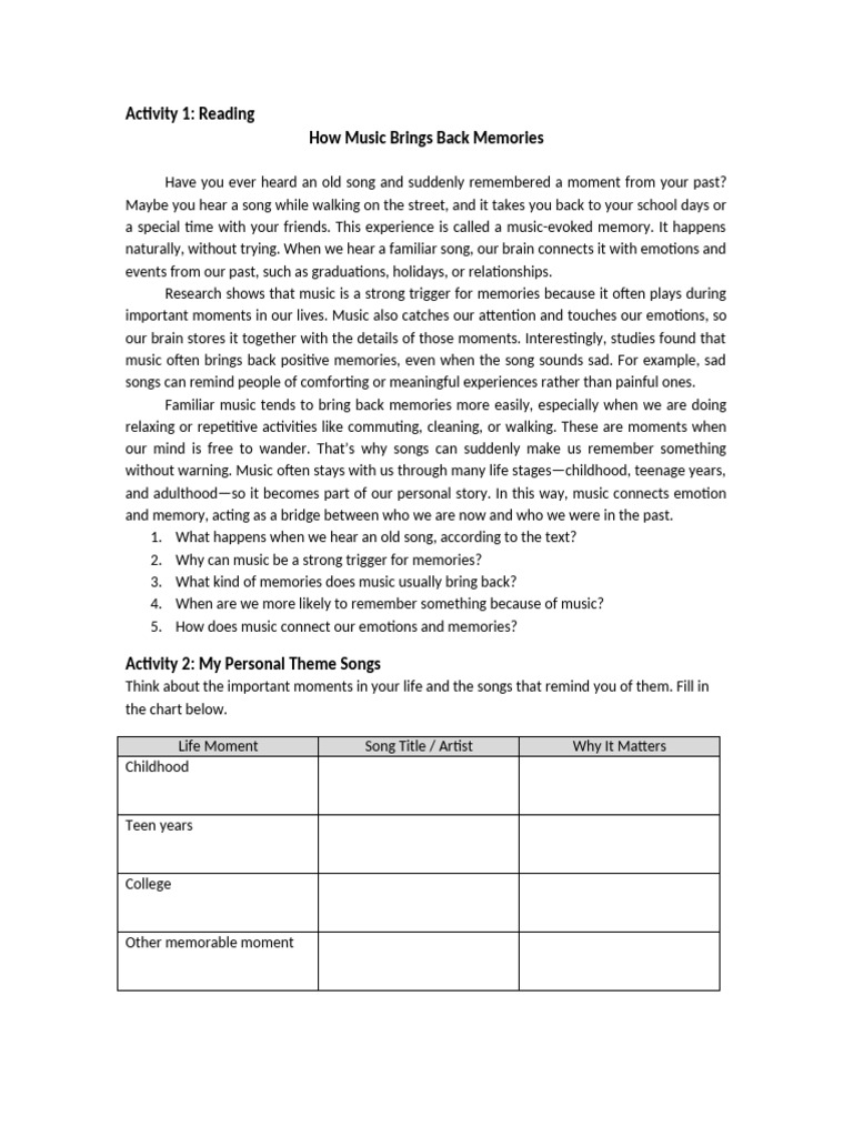 Soundtrack of My Life Activity Guide | PDF | Memory | Behavioural Sciences