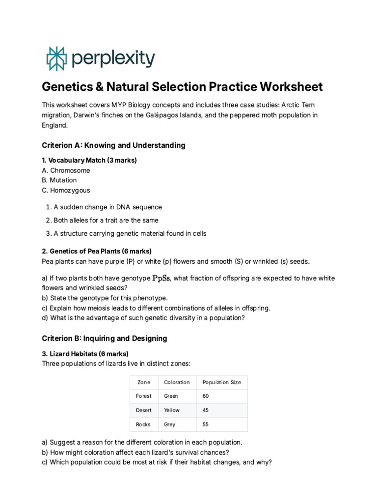 MYP Biology: Genetics & Natural Selection Worksheet | PDF | Genetics ...