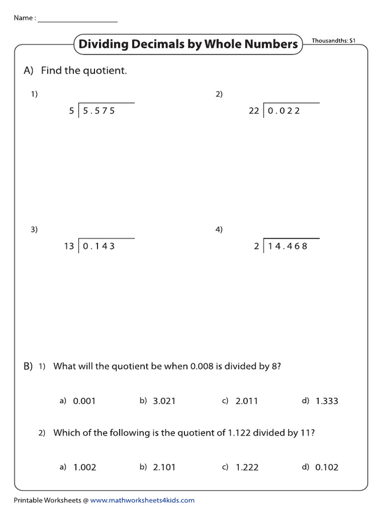 Worksheets 6th Grade Decimals Decimals Three Places Whole All Key | PDF