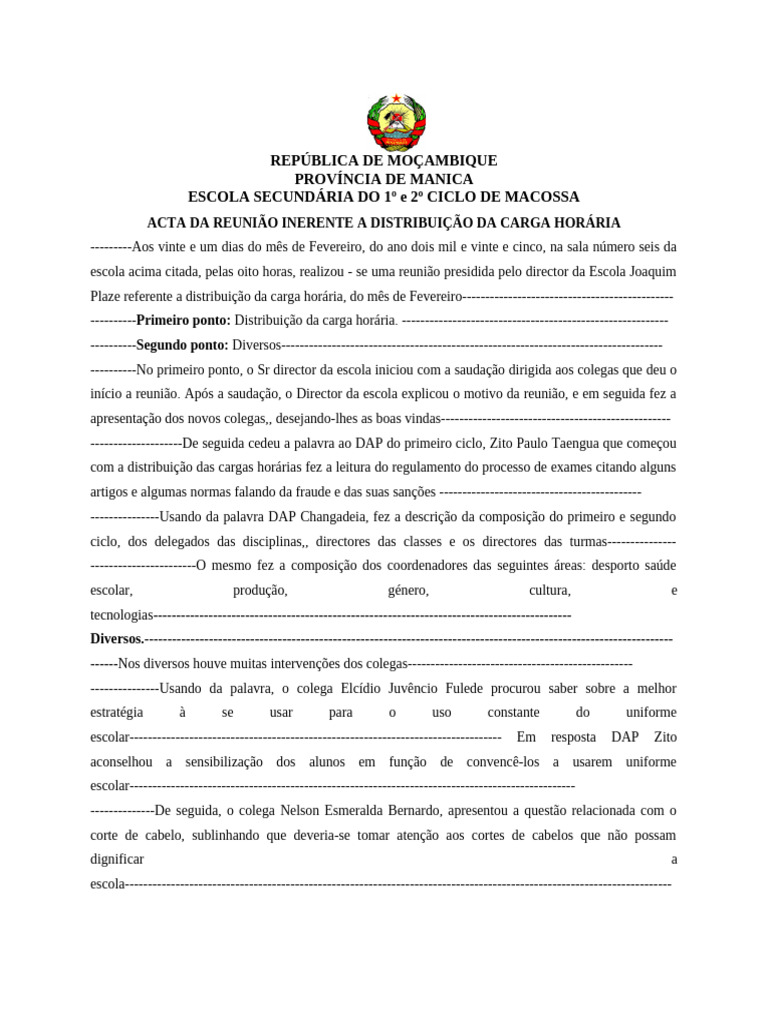Reunião sobre Carga Horária na Escola de Macossa | PDF