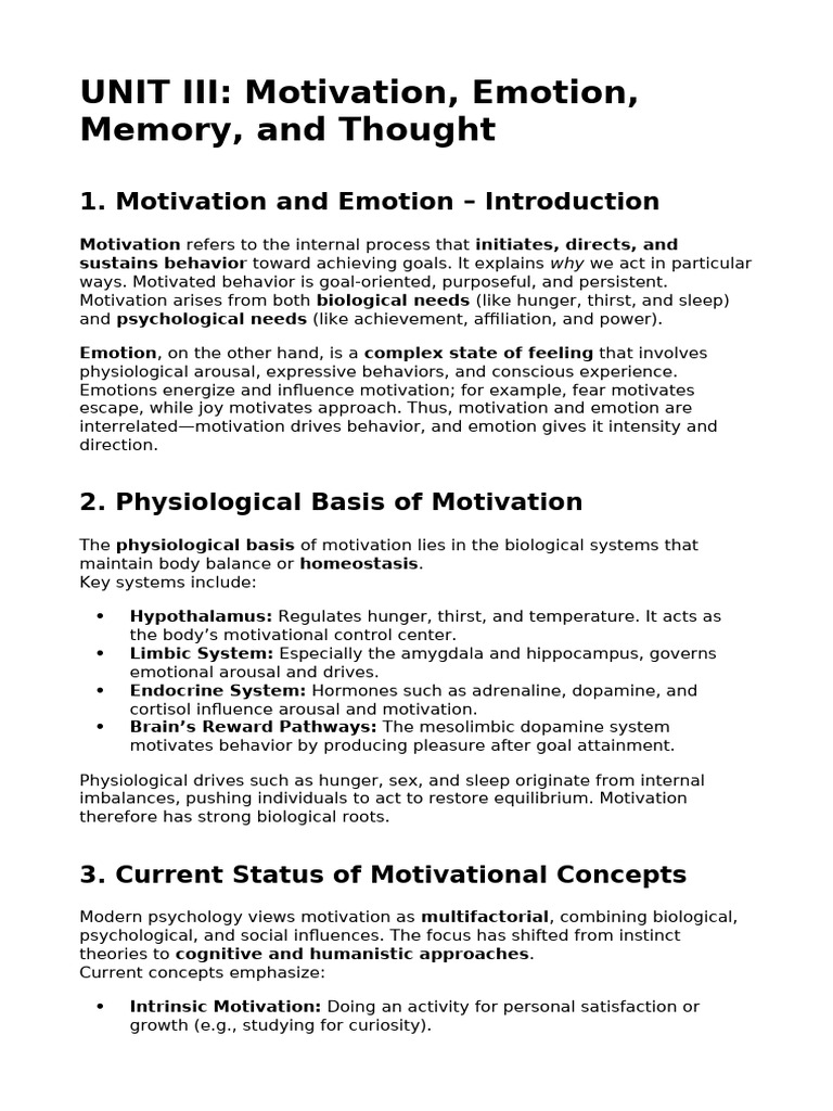 UNIT III: Motivation, Emotion, Memory, and Thought | PDF | Emotions ...