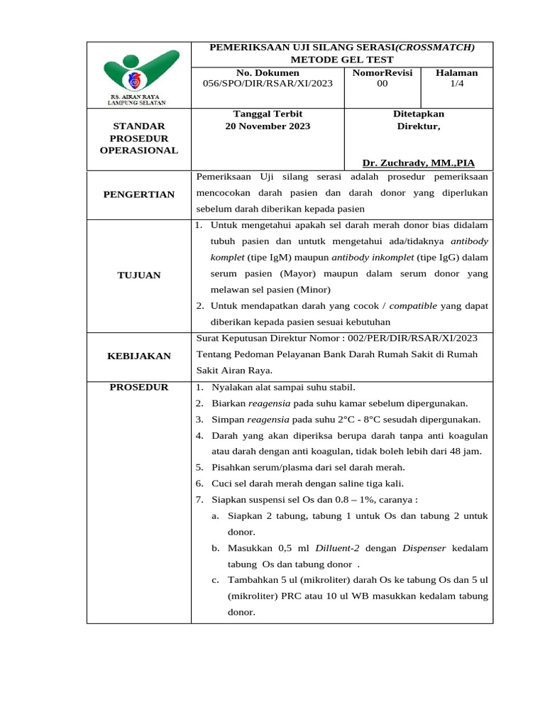 Spo Pemeriksaan Uji Silang Serasi Crossmatch Metode Gel | PDF
