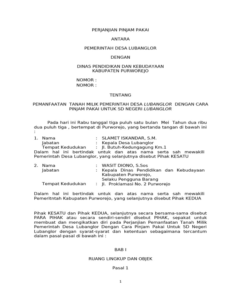 Draft Perjanjian Pinjam Pakai Tanah | PDF