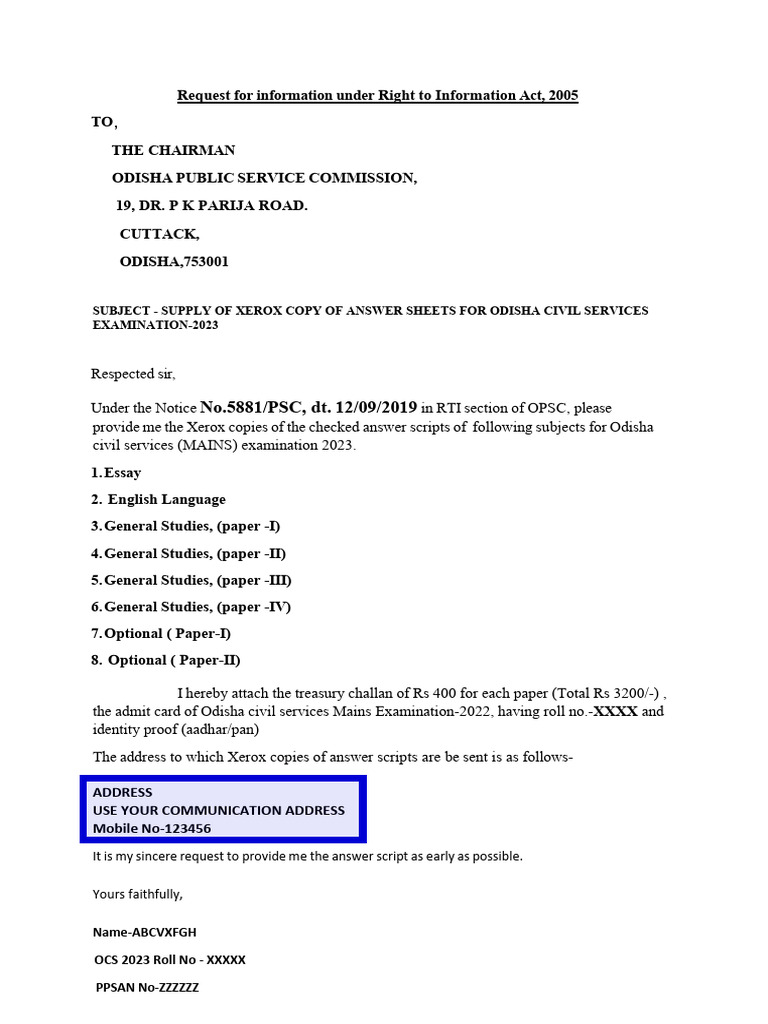OPSC Mains Answer Sheet Request 2023 | PDF