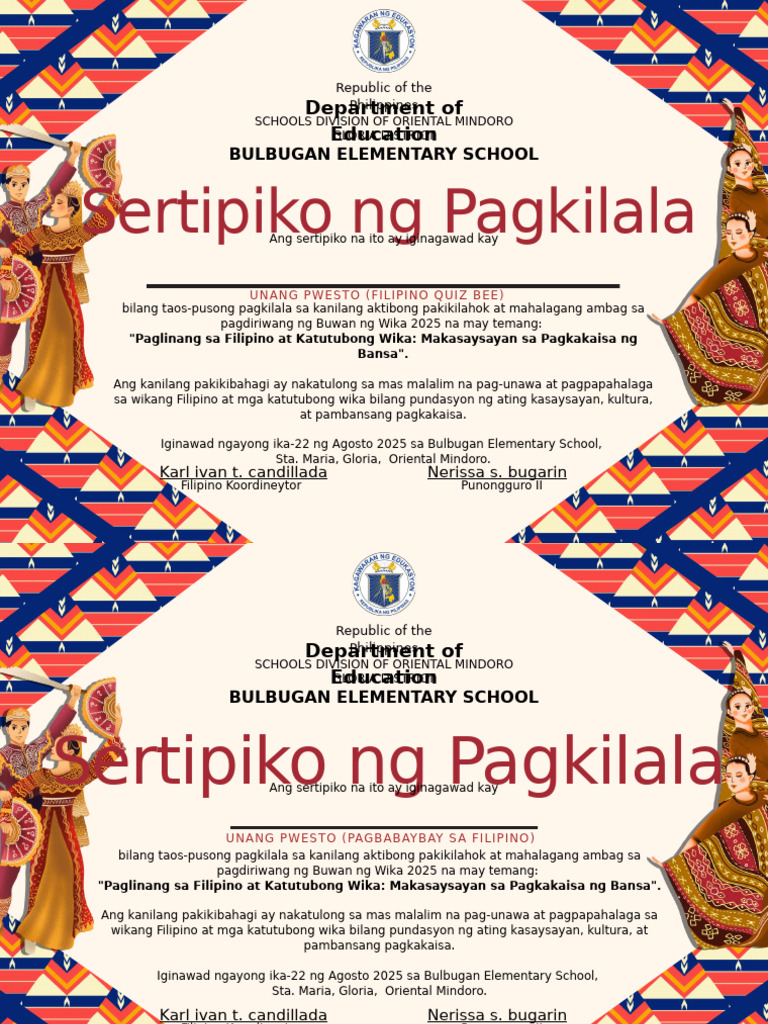 Sertipiko NG Pagkilala Buwan NG Wika Certificate in Blue and Orange ...