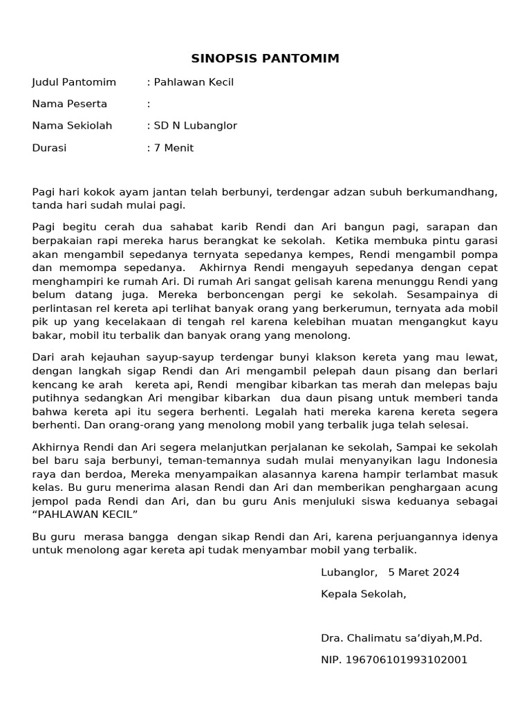 Pahlawan Kecil: Sinopsis Pantomim SD N Lubanglor | PDF