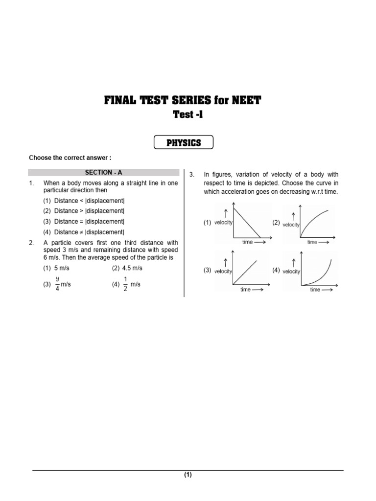 Physics NEET Test Questions and Answers | PDF | Acceleration | Motion ...