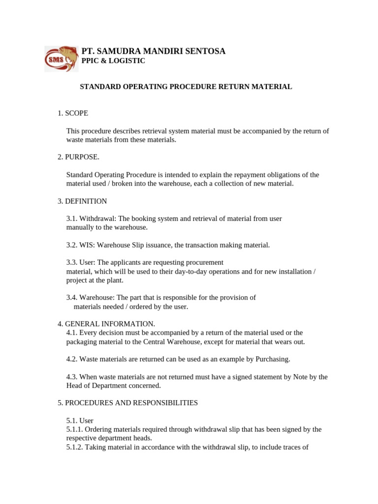 SOP for Material Return Process | PDF | Warehouse