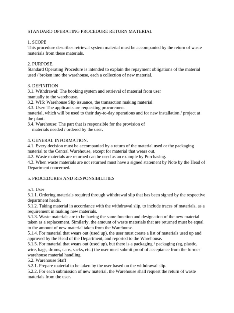 SOP for Material Return Procedures | PDF | Warehouse