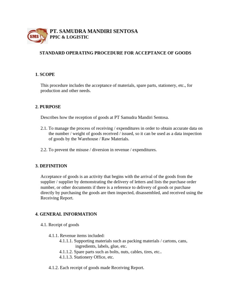WH - SOP For Acceptance of Goods | PDF | Warehouse | Business