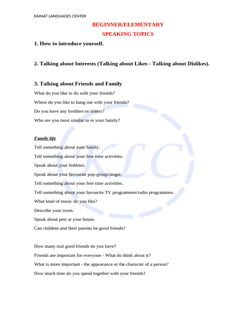 Beginner Speaking Topics Guide | PDF | Lunch