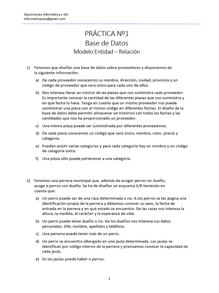 Base de Datos - Práctica 1C - ER - Ejercicios Iniciales y Cadena Hoteles | PDF | Informática