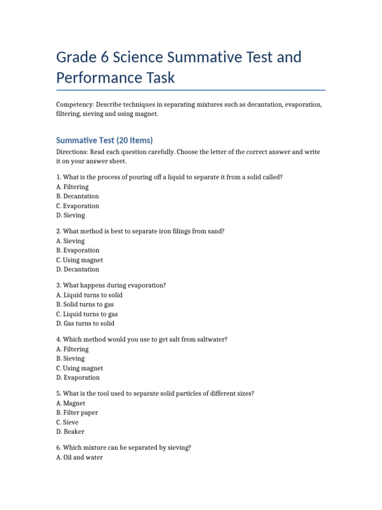 Grade6 Science Separating Mixtures Summative Task | PDF | Mixture ...