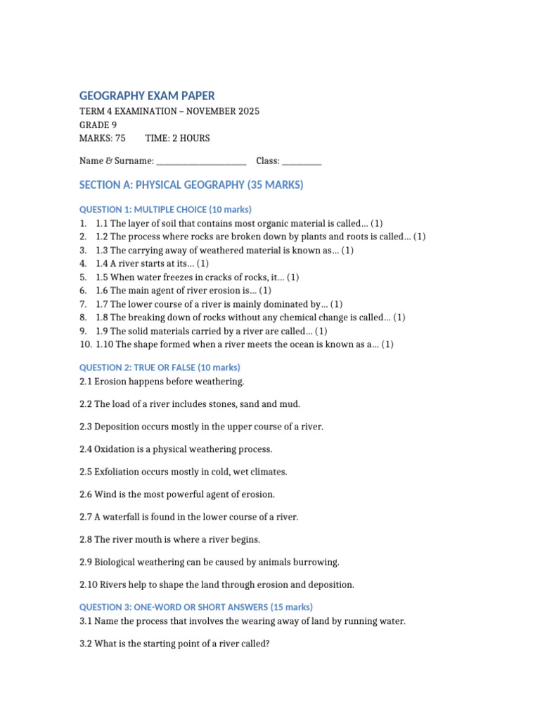 Geography Grade9 Term4 Exam 2025 | PDF | Fuels | Fossil Fuels