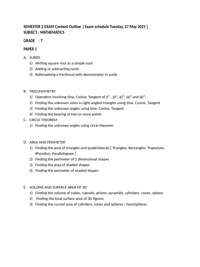 g9 - Semester 2 Exam Content Outline | PDF | Area | Trigonometric Functions