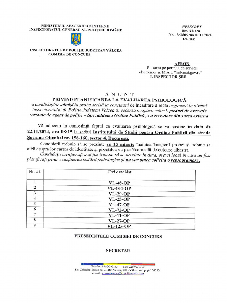 Anunt Planificare Evaluare Psihologica Agenti Ordine Publica | PDF