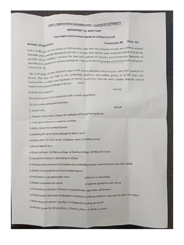 Part Completion Test (Superior Extremity) - Tamrolipto GMCH | PDF