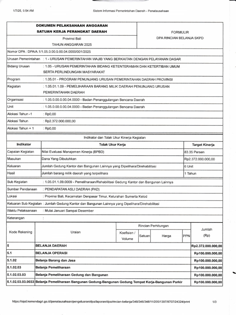 DPA Belanja SKPD Provinsi Bali 2025 | PDF