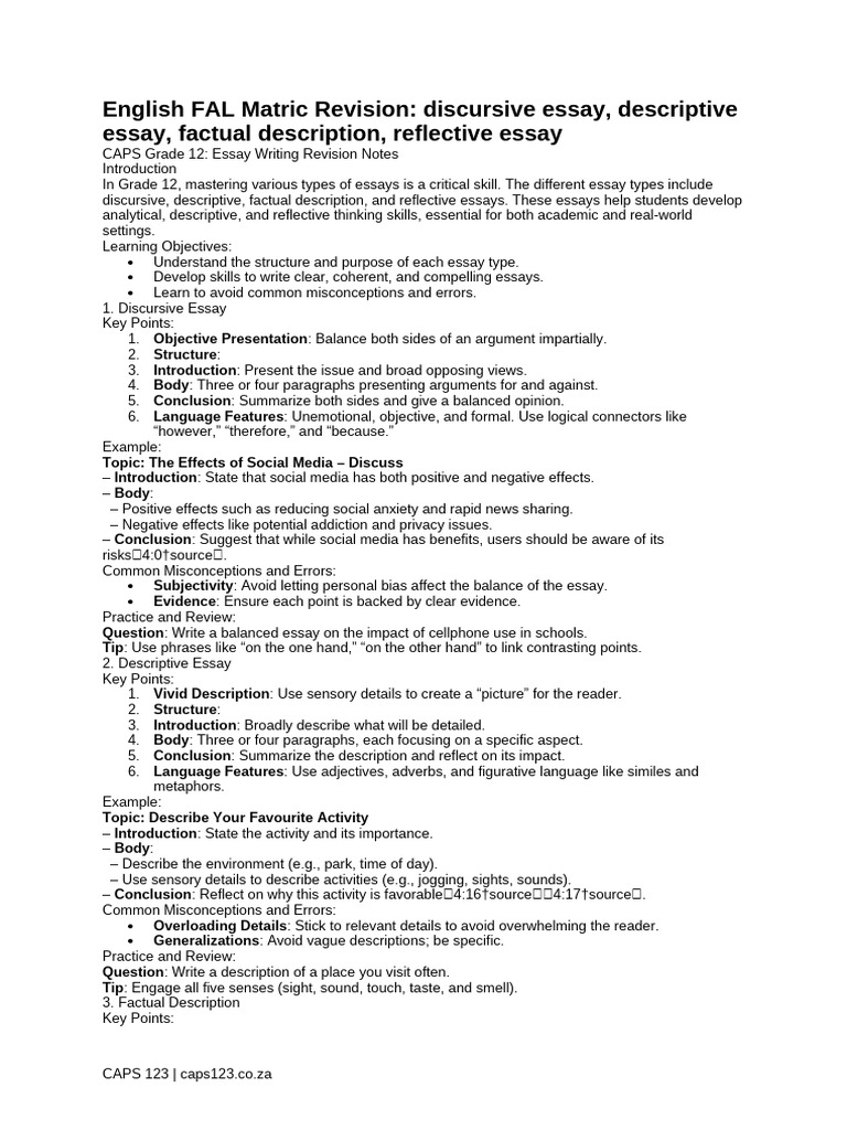 English Fal Matric Revision Discursive Essay Descriptive Essay Factual ...