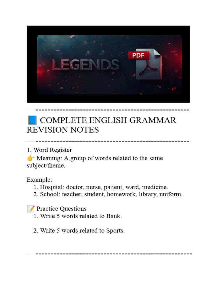 English Grammar Revision Notes | PDF | Verb | Grammar