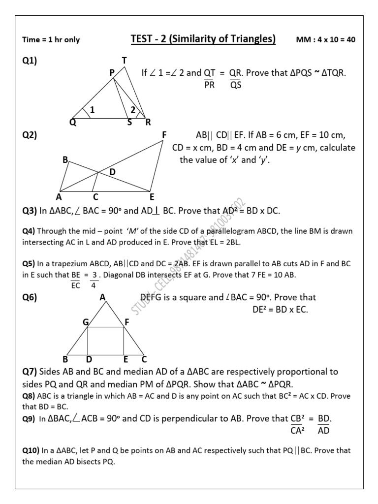 Test On Similarity of Triangles | PDF