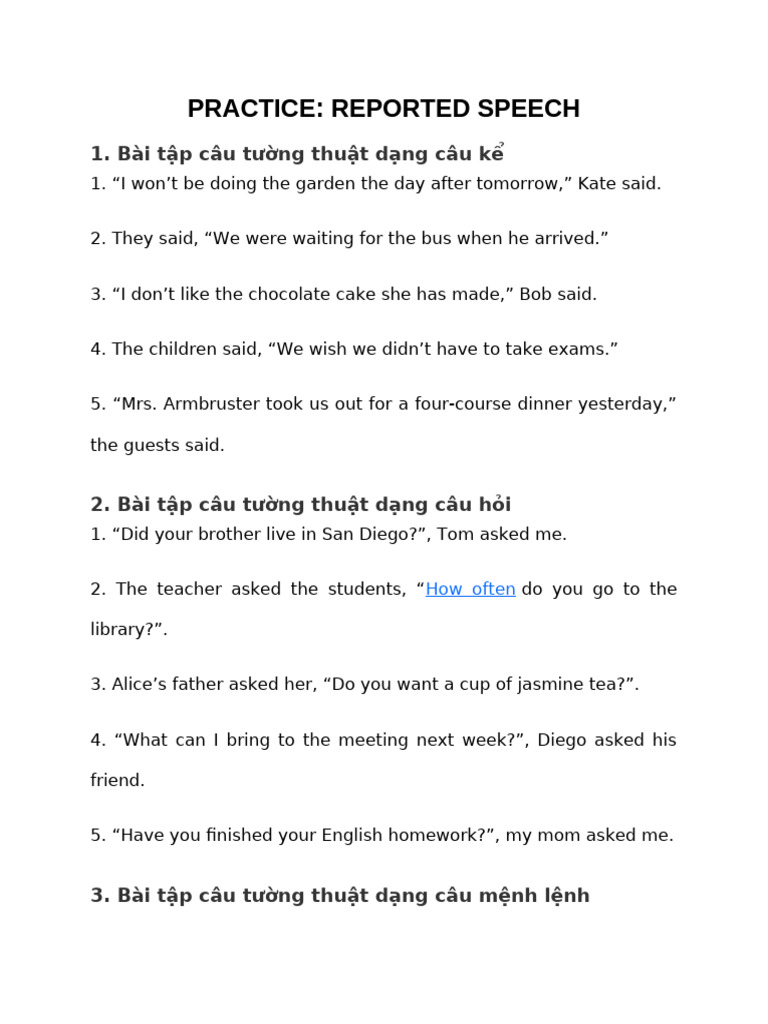 Reported Speech Practice Exercises | PDF