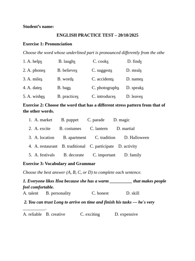 English Practice Test for Students | PDF