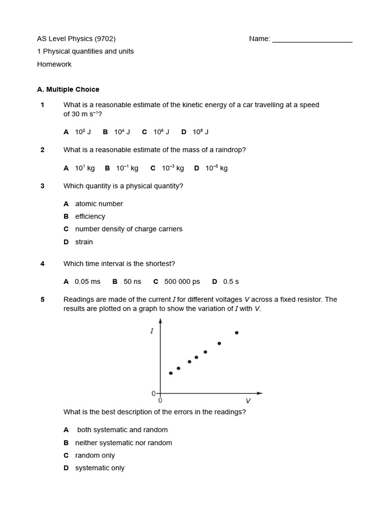 Physics A Level (9702) - Homework Physical Quantities and Units MCQ | PDF | Observational Error ...