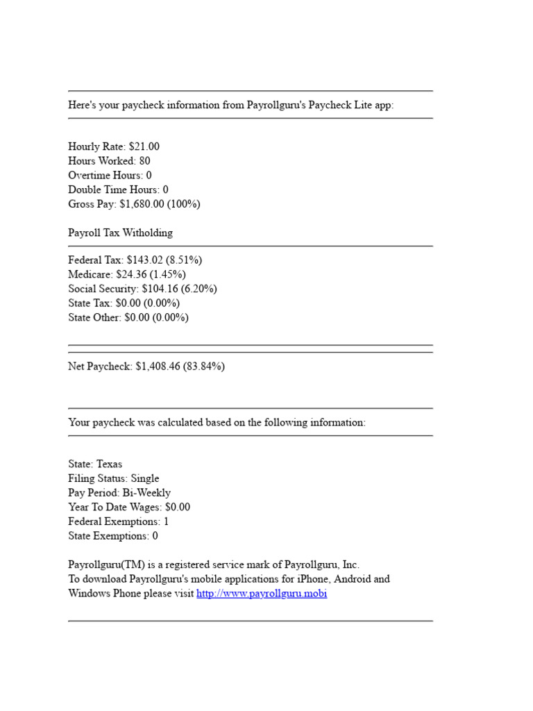 Texas Paycheck Summary: $1,680 Gross | PDF