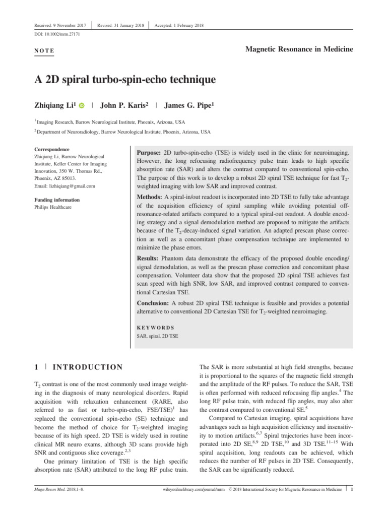 2D Spiral Turbo-Spin-Echo Imaging Technique | PDF | Magnetic Resonance ...