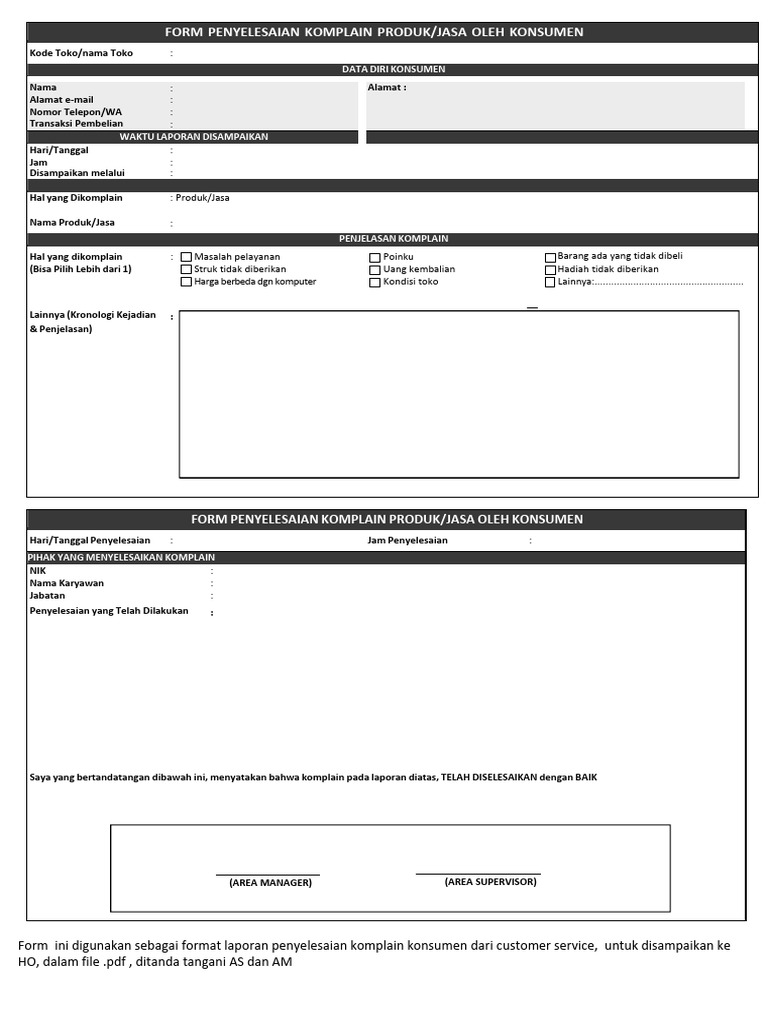 Formulir Penyelesaian Komplain Konsumen | PDF