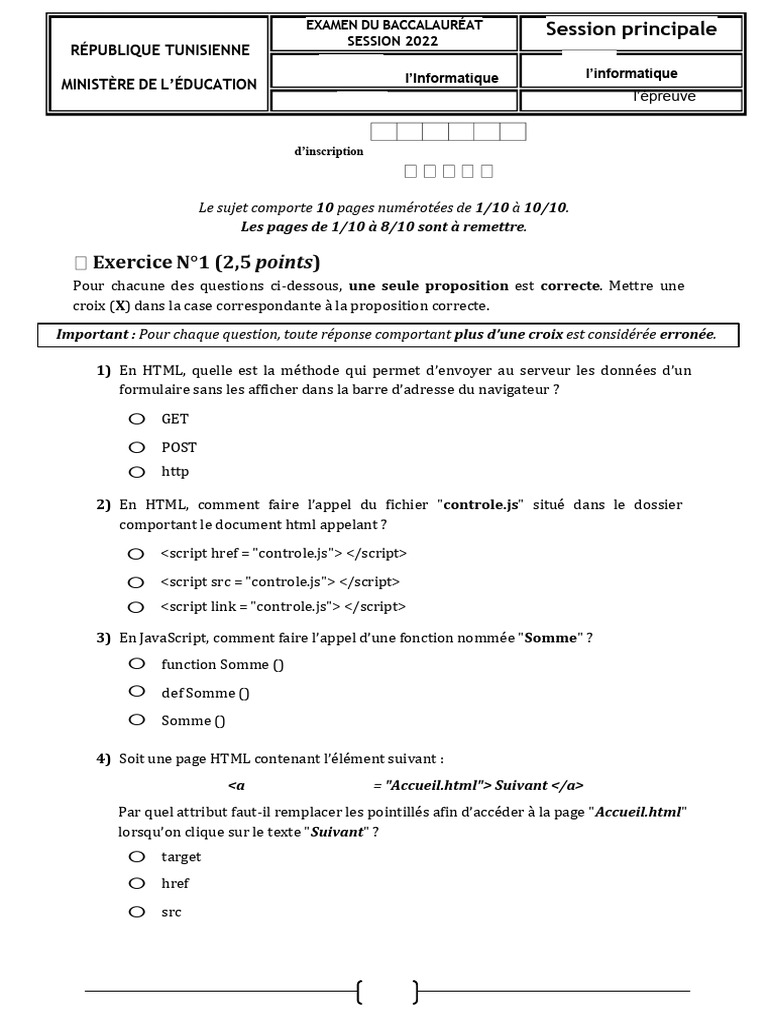 Examen Baccalauréat 2022 STI Informatique | PDF | Html | Mot de passe