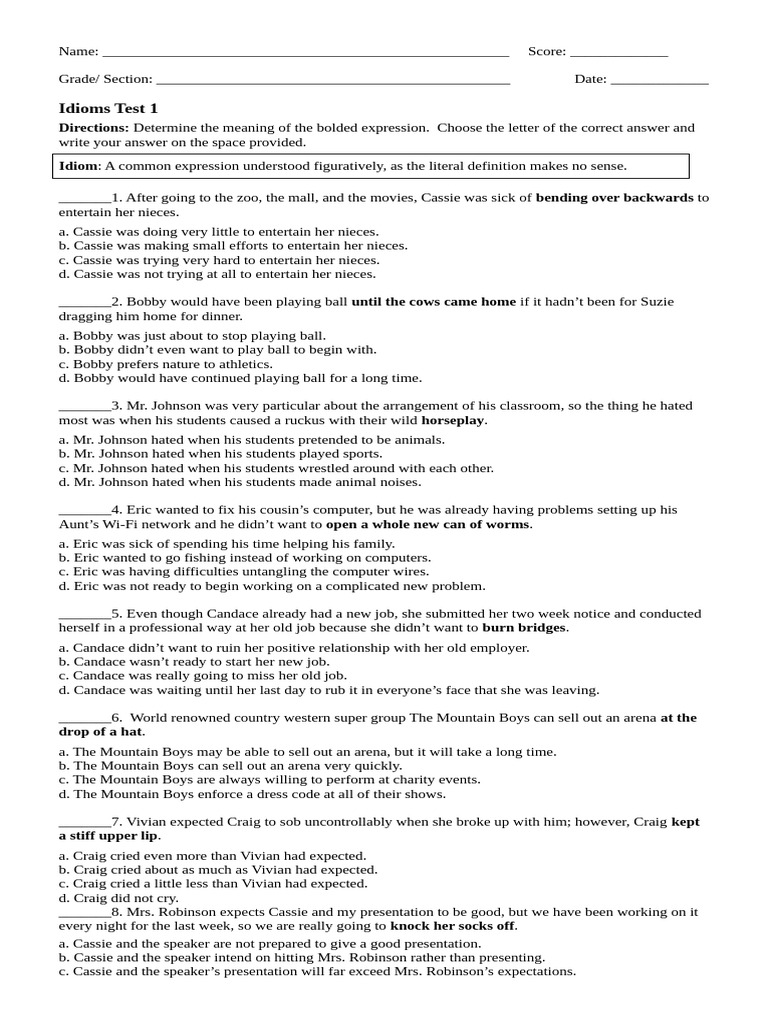 Idiom Test 1 | PDF