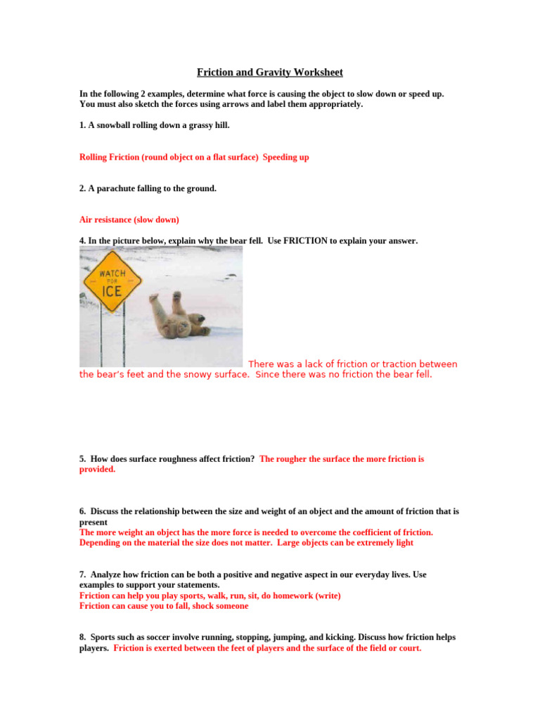 Friction and Gravity Forces Worksheet | PDF