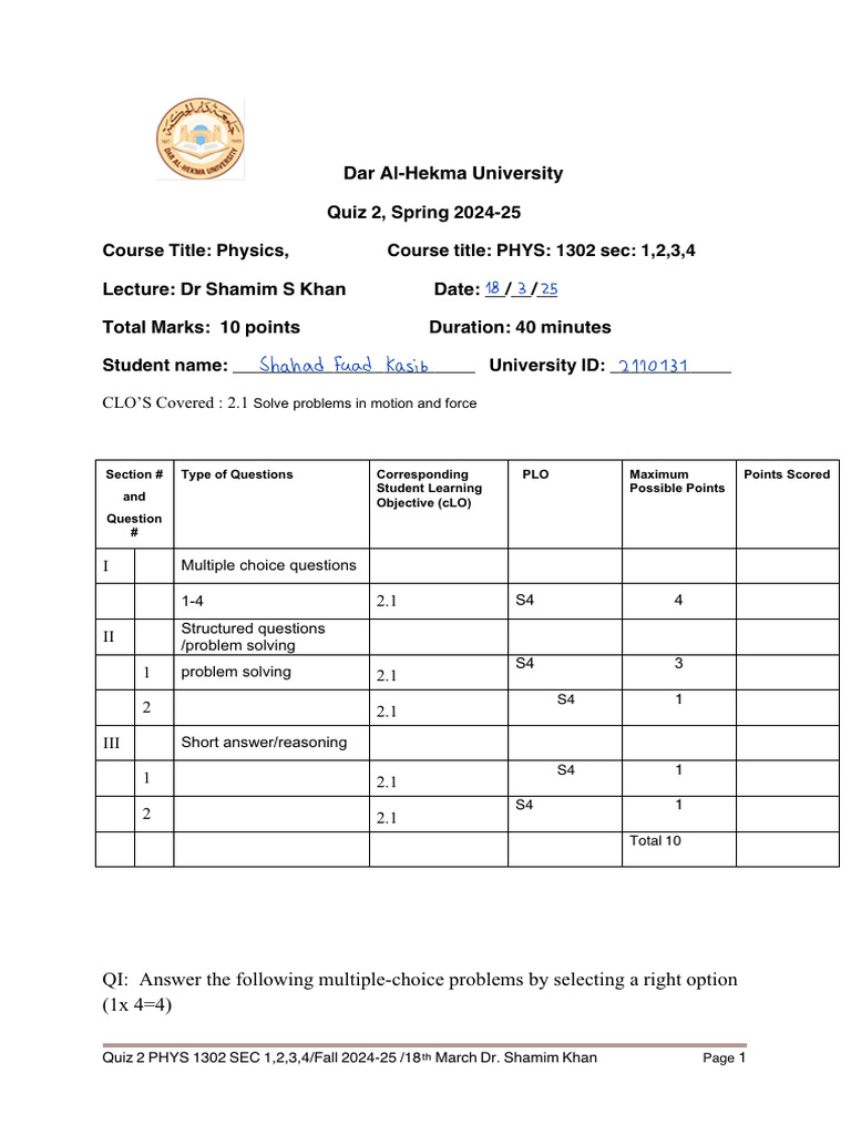 Quiz 2 PHYS 1302 Sec 1,2,3,4 | PDF
