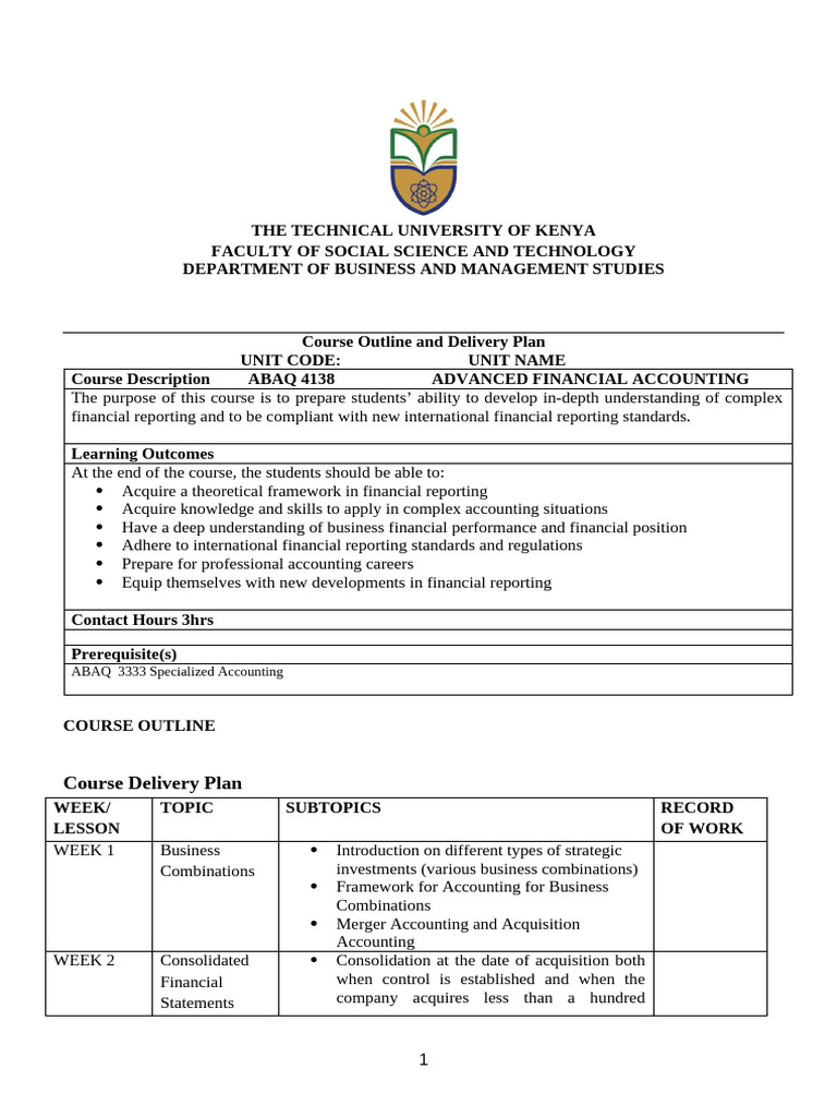 Advanced Financial Accounting Course Outline | PDF | Mergers And ...