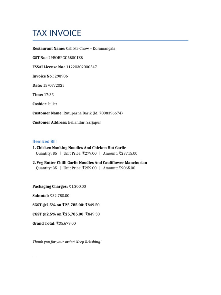 ChatGPT Formatted CallMeChow Invoice | PDF