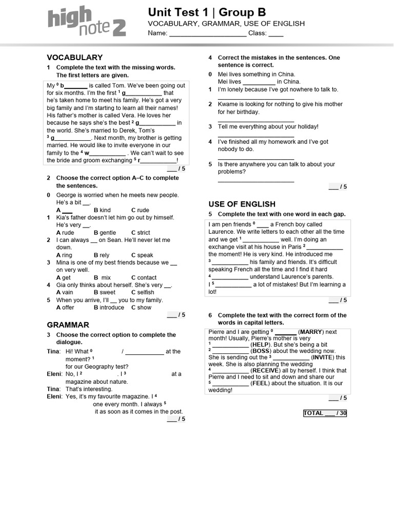 Unit Test 1: Vocabulary & Grammar | PDF | Linguistics