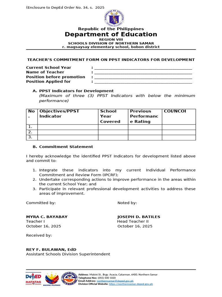 Teacher Commitment Form for PPST Indicators | PDF