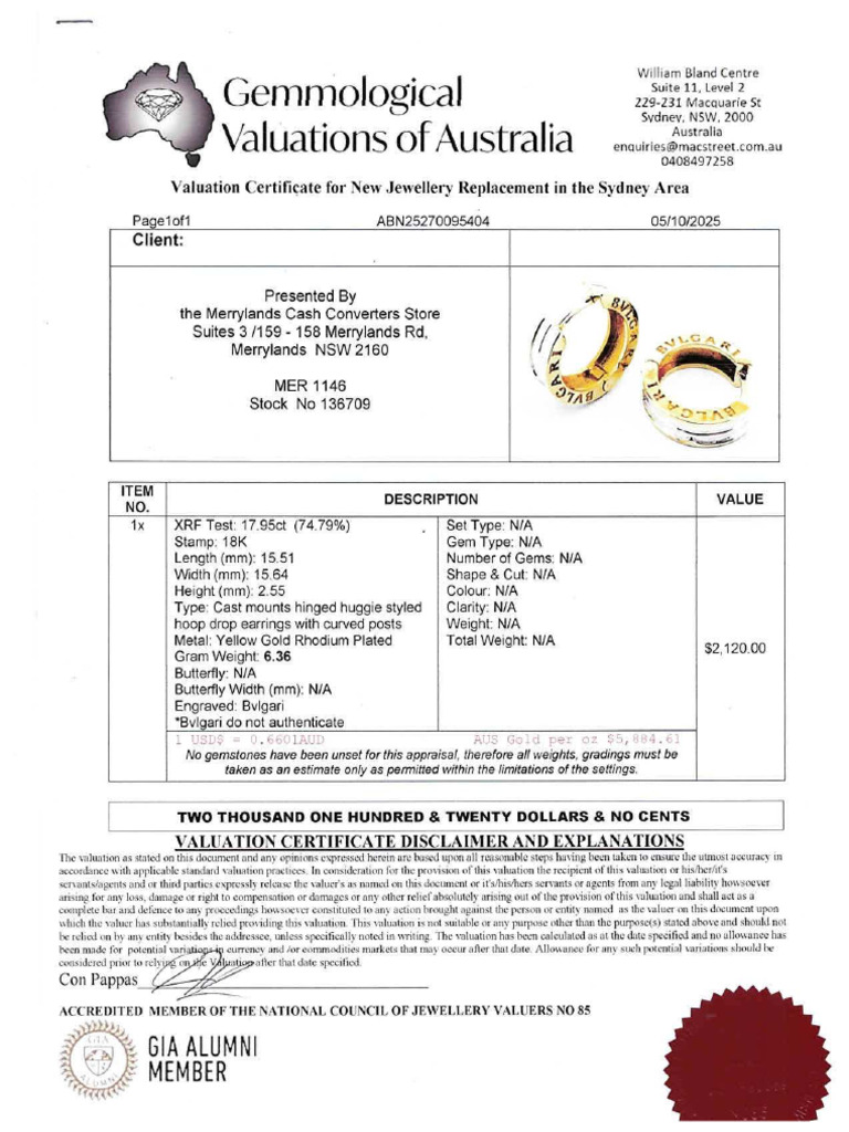Jewellery Valuation Certificate Sydney | PDF