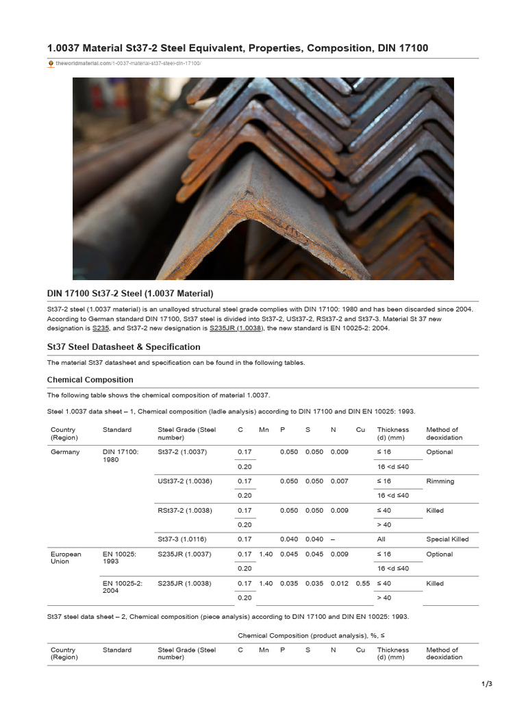 Material St37-2 Steel Equivalent Properties Composition DIN 17100 | PDF | Steel | Yield ...
