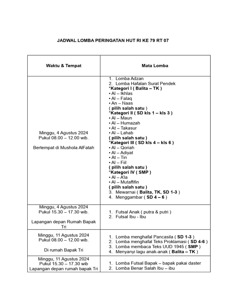 Jadwal Lomba 17 Agustus 2024 | PDF