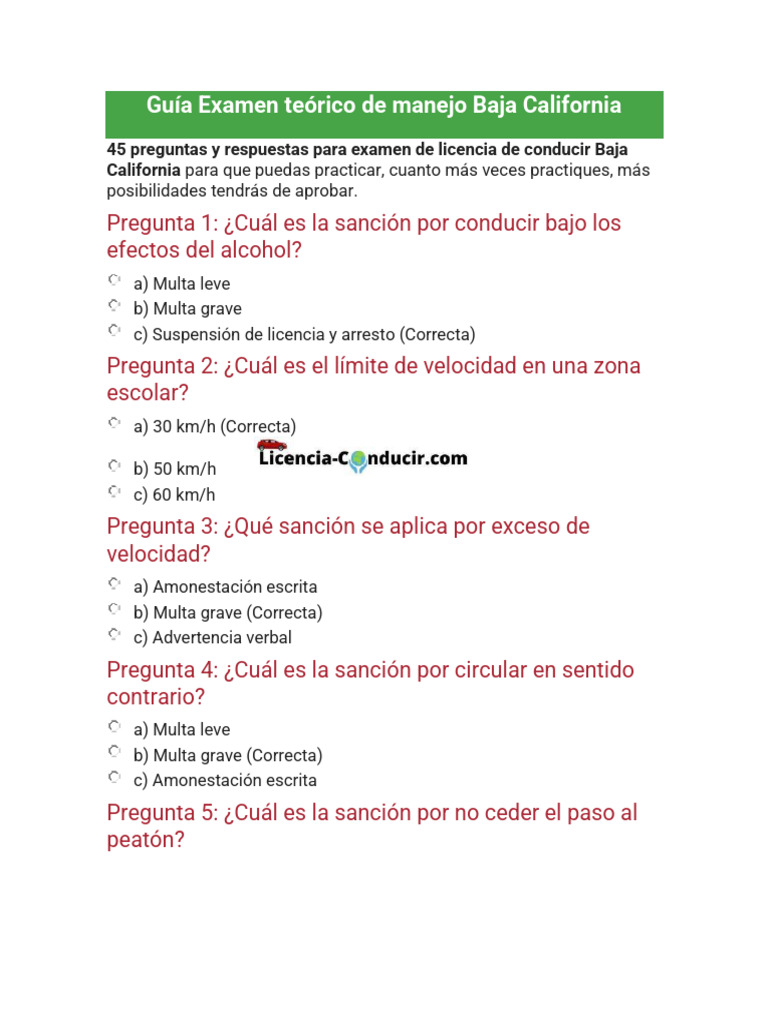 Guía De Examen Teórico Manejo Bc Pdf Multa Pena Transporte