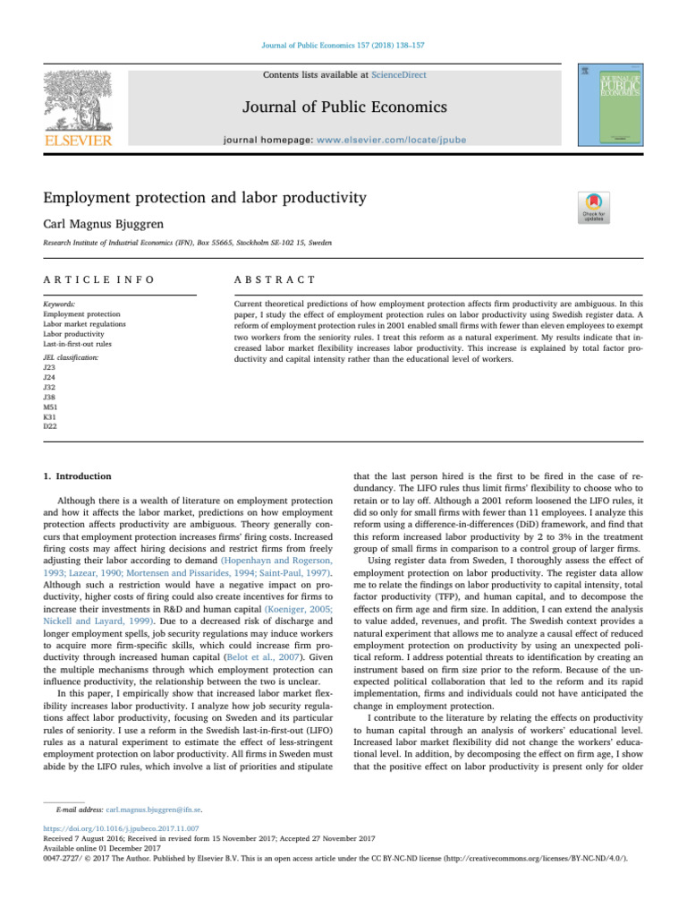 Employment Protection and Labor Productivity 2018 Journal of Public ...