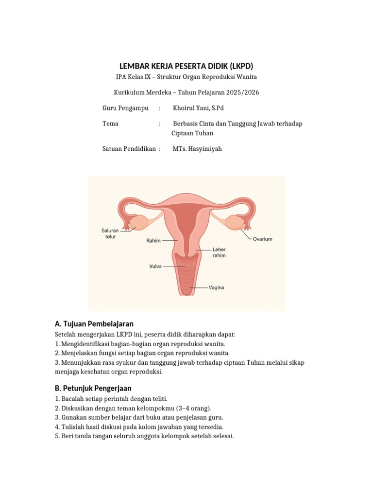 LKPD IPA Kelas9 Struktur Organ Reproduksi Wanita MTs Hasyimiyah | PDF